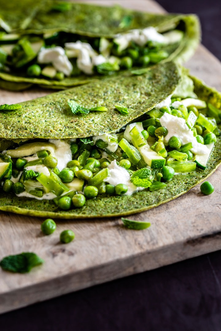 Sweet Pea Spinach Crepes with Whipped Goat Cheese | The Crooked Carrot
